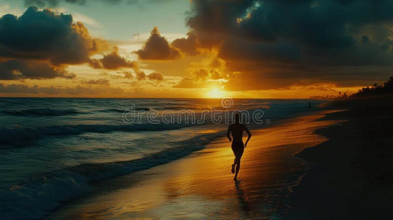 Runner on a Beach at Sunset, Creating a Serene Scene Stock Illustration ...