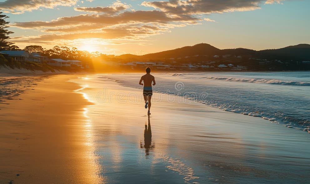 Runner on Beach at Sunset Reflecting Golden Light and Serene Waves ...