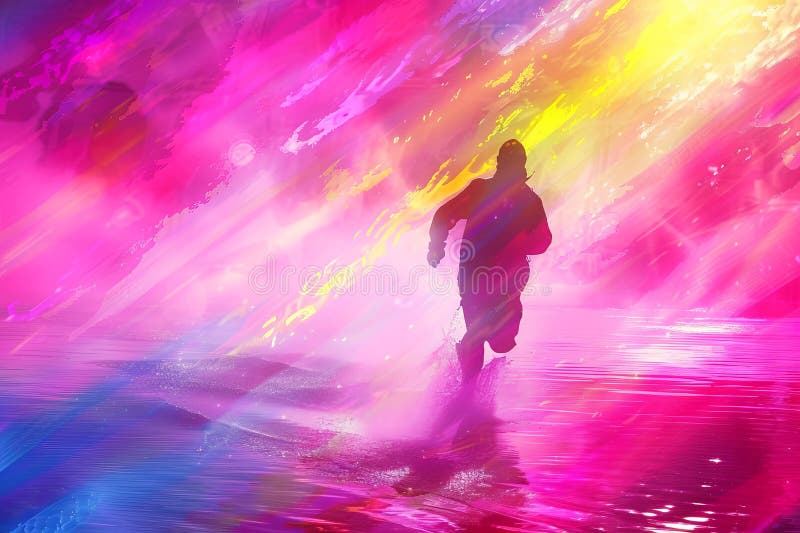 Runner with Colorful Neon Light Trails, Capturing Speed and Energy in a ...