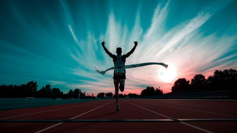 Runner Crossing Finish Line on Track with Dramatic Sky Stock ...