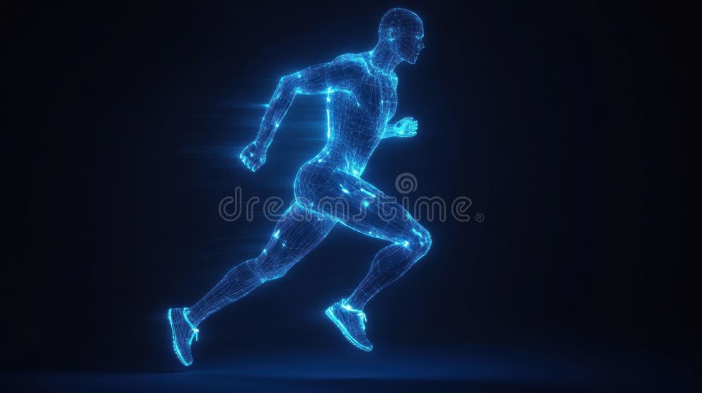 Runner in Dynamic Motion Captured with Glowing Digital Wireframe Mesh ...