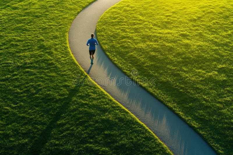 A Runner Jogs Alone on a Curved Path Surrounded by Lush Grass in a ...