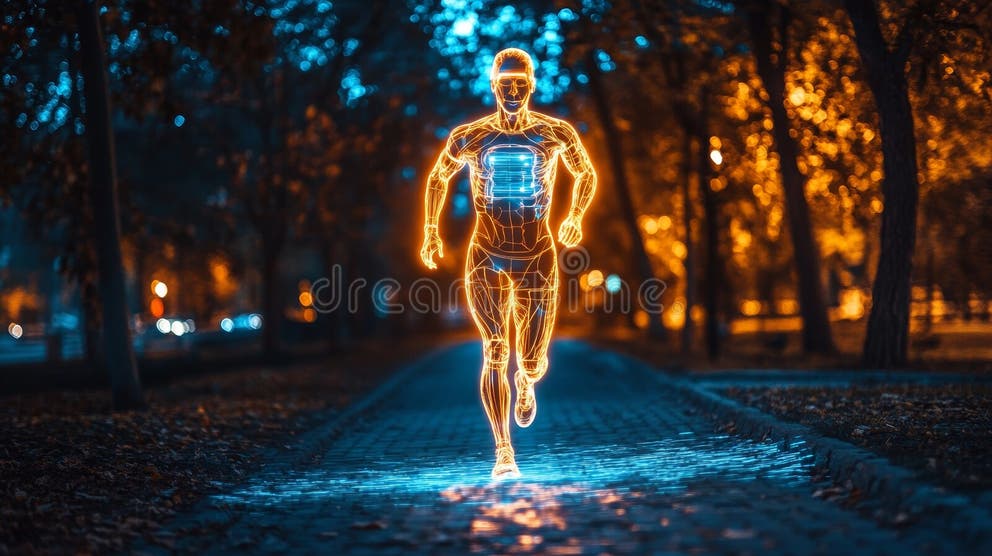 A Runner Jogs in a Park with a Holographic Personal Trainer Guiding ...