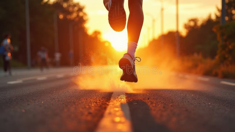 Runner is Jumping Over a Road with a Sunset in the Background Stock ...