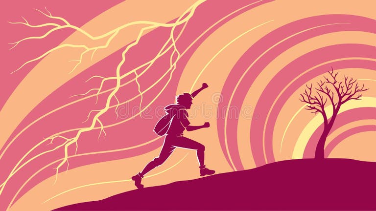 Runner with Lightning and Trees in Abstract Landscape, Vector Design ...