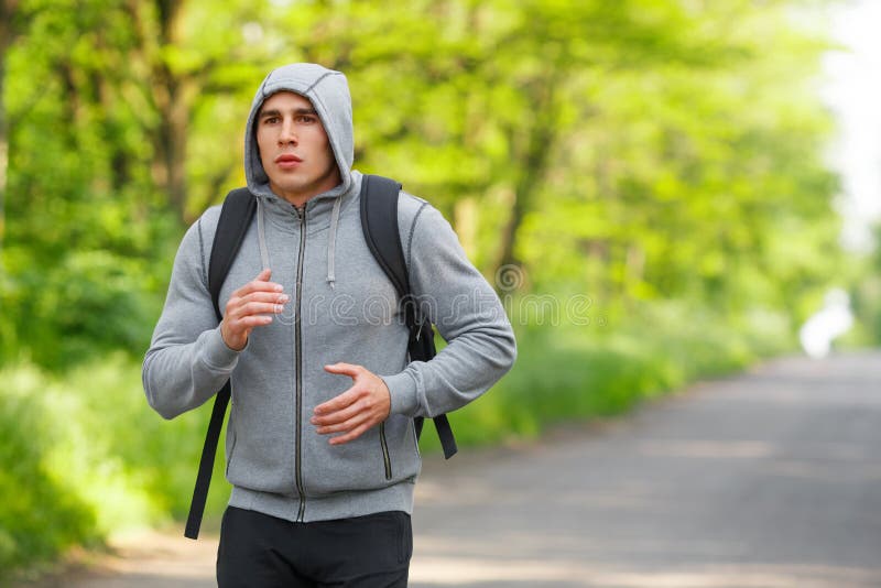 Runner Man Running on Road Training Sprint. Sporting Male Run Working ...