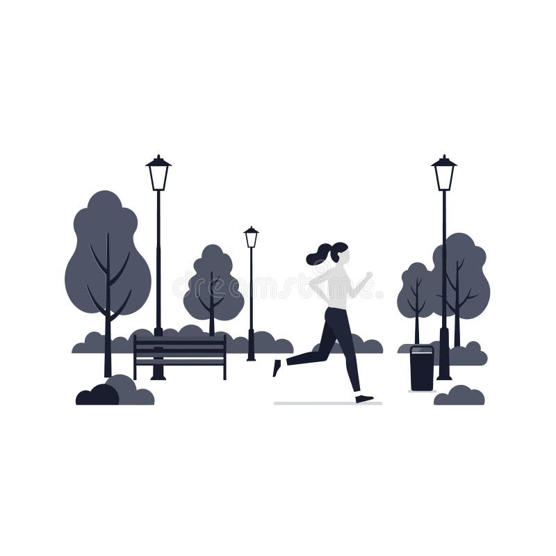 Runner in Park Surrounded by Trees and Lamp Posts in Flat Vector Art ...