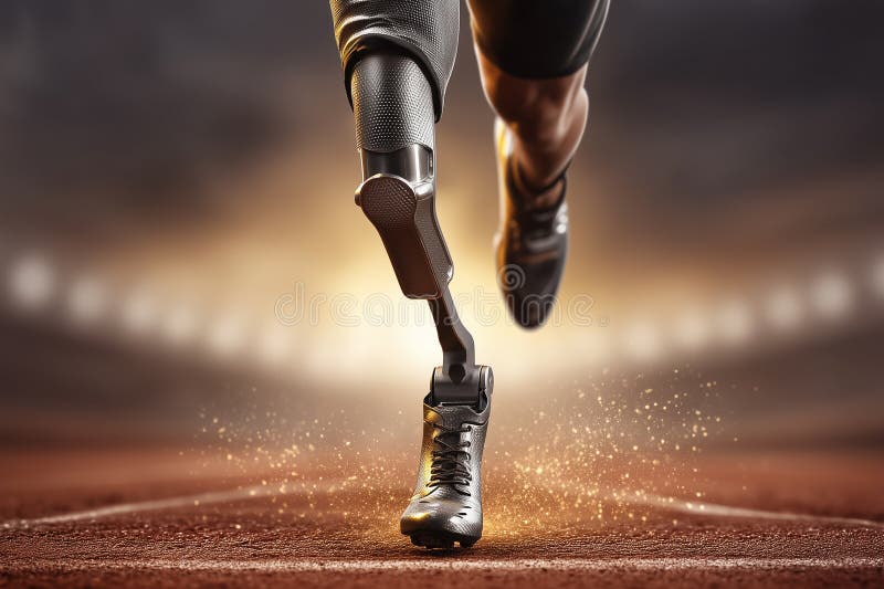 Runner with Prosthetic Leg Dashes Down a Professional Track Illuminated ...
