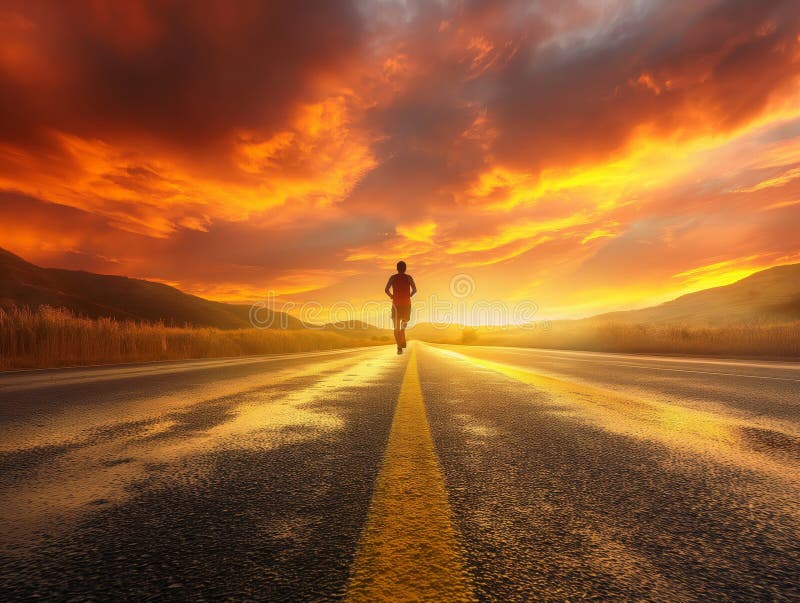 Runner on a Road at Sunset stock image. Image of determination - 320296359