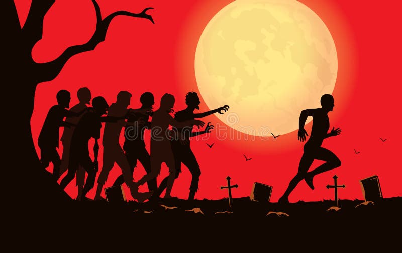 Runner Run Away from Zombie Group in the Graveyard. Stock Vector ...