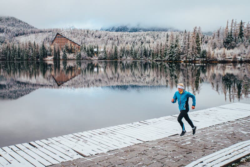 Runner Run by the Lake in White Winter Nature Stock Image - Image of ...
