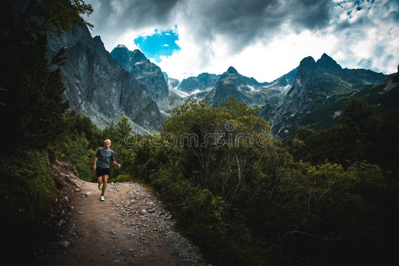 Runner Run on Trail in Mountains - Trail Running Concept Sport Photo ...