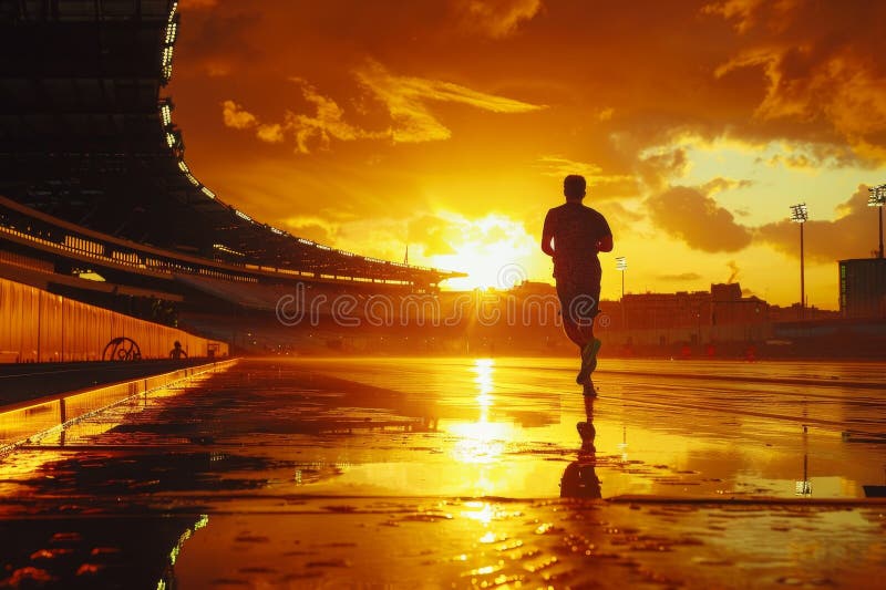 A Runner is Running on a Track in Front of a Stadium Stock Photo ...