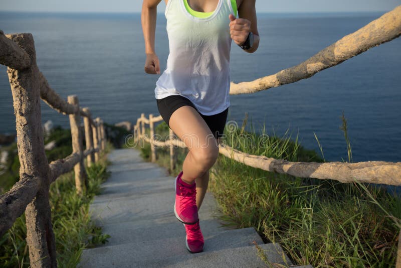 Runner Running Up on Seaside Mountain Stairs Stock Image - Image of ...