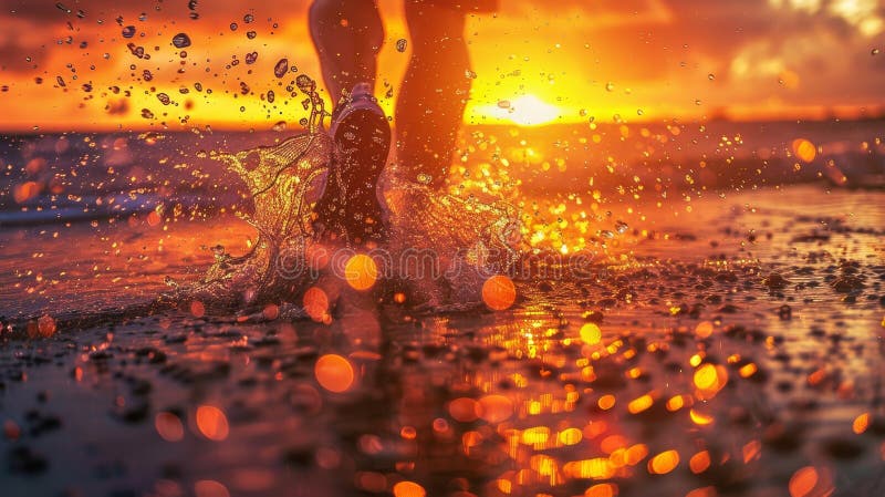 Runner S Dynamic Feet in Motion Splashing through Water with Vibrant ...