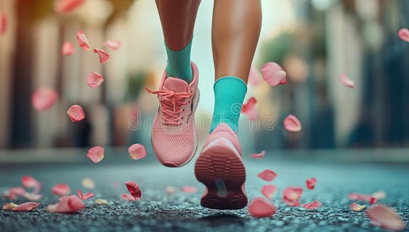Runner S Feet in Motion, Rose Petals Falling Stock Image - Image of ...