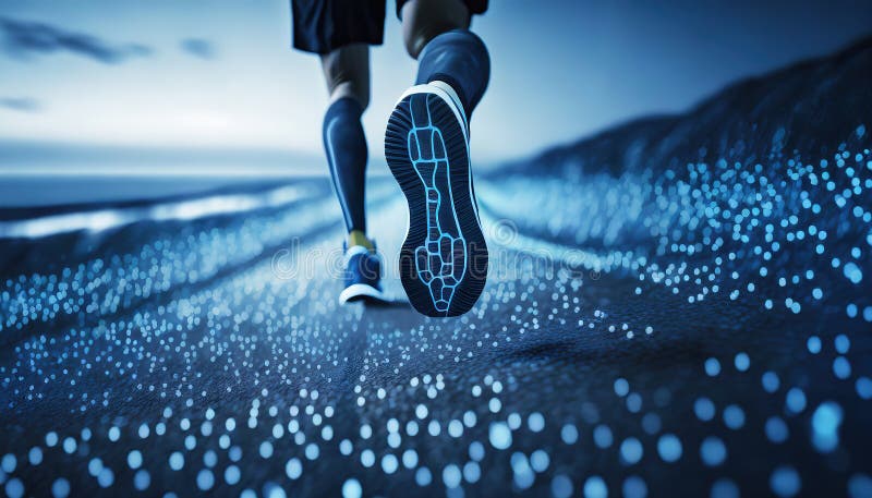 A Runner S Shoe Captured Mid-stride on a Futuristic Glowing Path in a ...