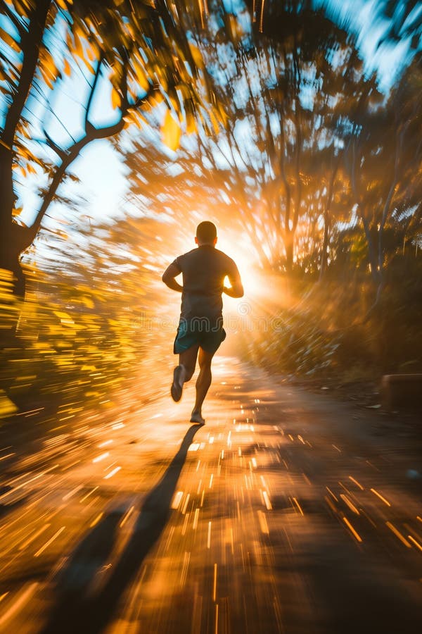 Runner on a Scenic Path with Morning Sunlight through the Trees Stock ...