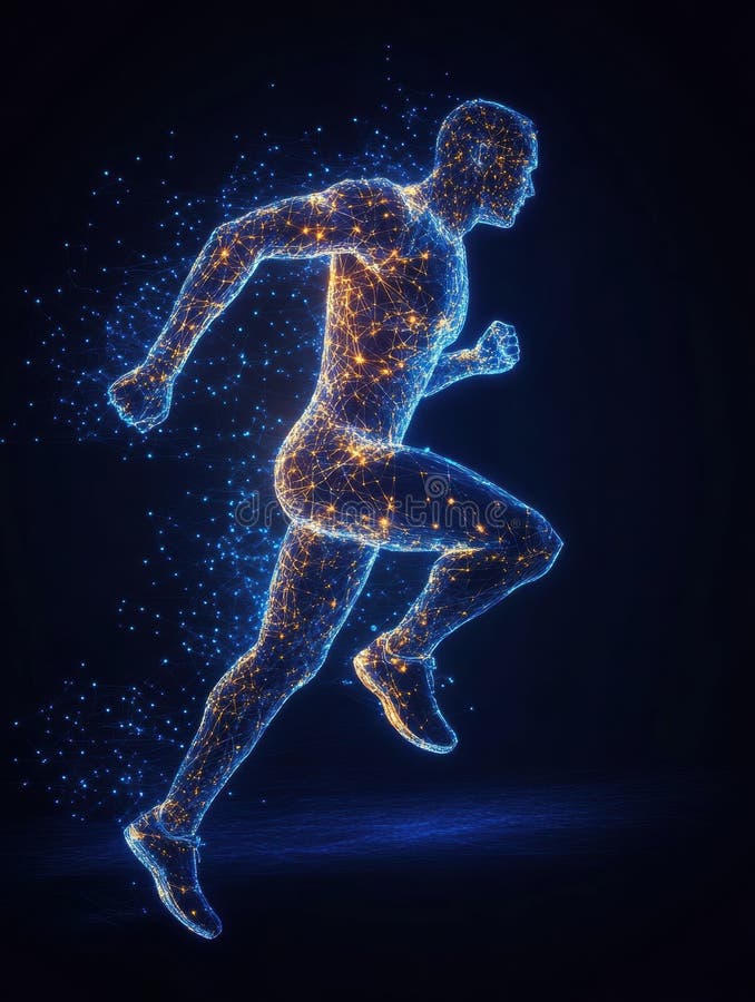 Runner Silhouette in Motion with Glowing Digital Wireframe Mesh ...