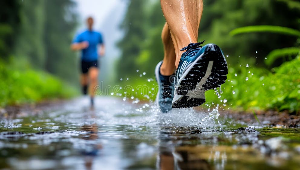 A Runner Splashes through a Puddle on a Rain-soaked Trail, Another ...
