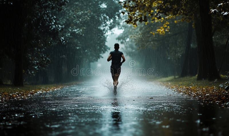Runner Splashing through Rain-soaked Path Surrounded by Autumn Foliage ...