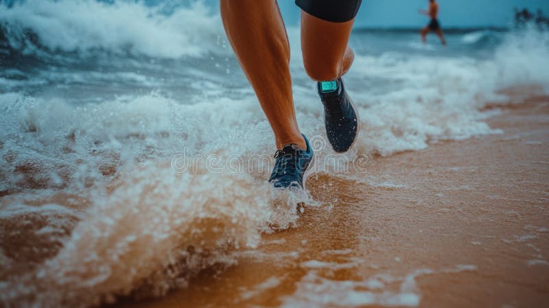 Runner Splashing through Waves on a Sandy Beach Stock Illustration ...