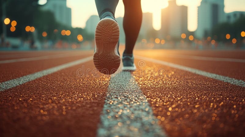 A Runner Strides Confidently Along a Track during Sunset, Set Against a ...