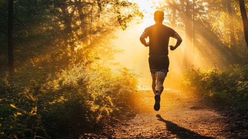 Runner in a Sunlit Forest Path at Dawn Stock Illustration ...