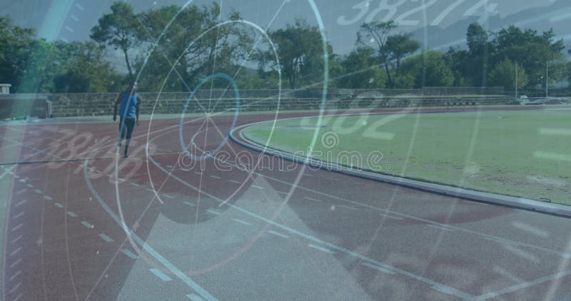 Runner on Track with Speedometer Image Over Athletic Field Background ...