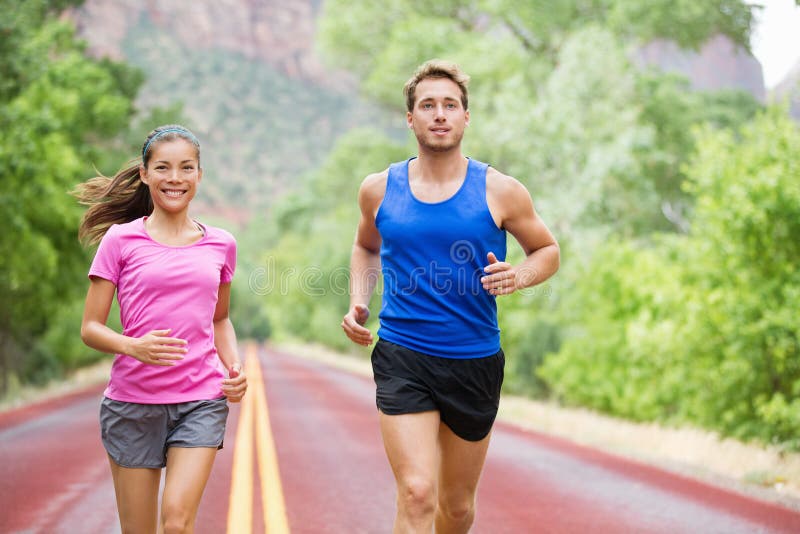 Runners Couple Running in Trail Run Outside Stock Image - Image of legs ...