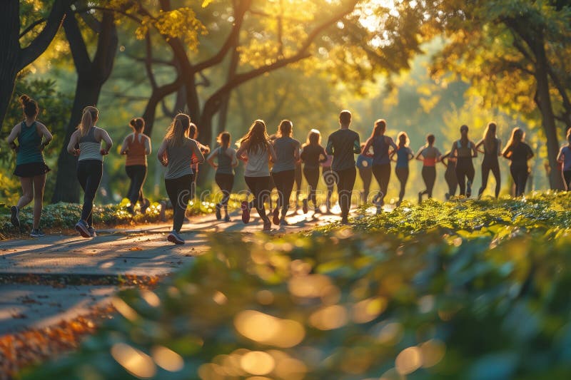 Runners Jogging on a Path through a Park at Sunset Stock Photo - Image ...