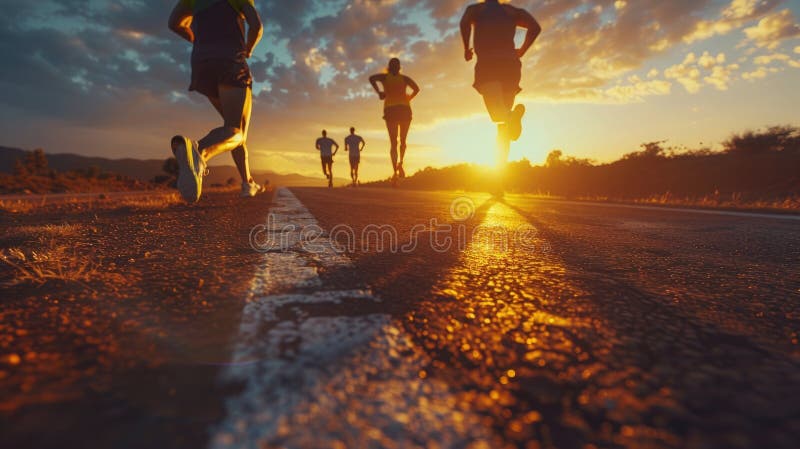 Runners Running the Road at Sunrise. Stock Illustration - Illustration ...
