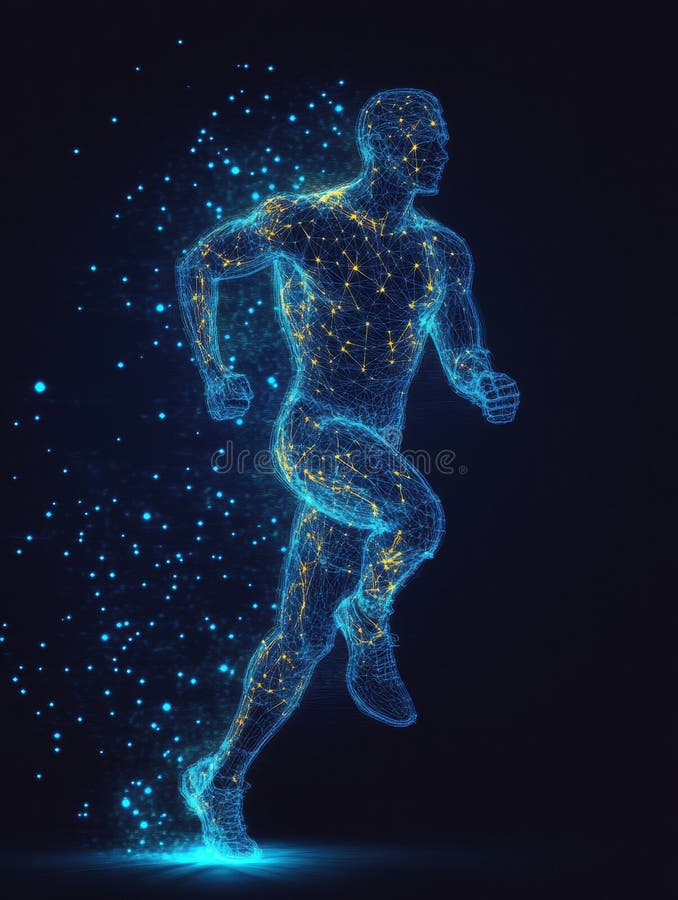 Runner Silhouette in Motion with Glowing Digital Wireframe Mesh ...