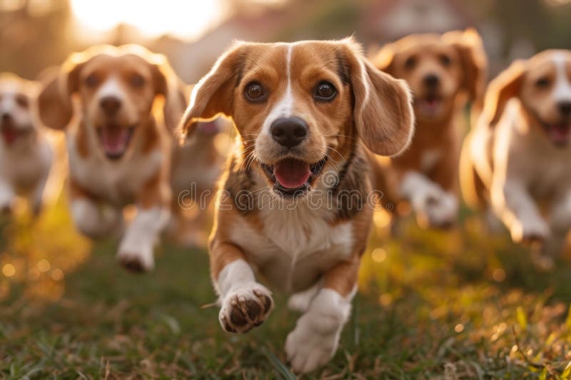 Running Beagle Dogs Run on the Green Grass in Summer Stock Image ...