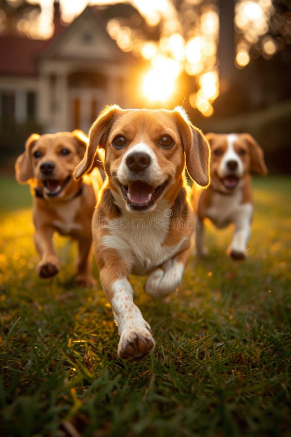 Running Beagle Dogs Run on the Green Grass in Summer Stock Photo ...