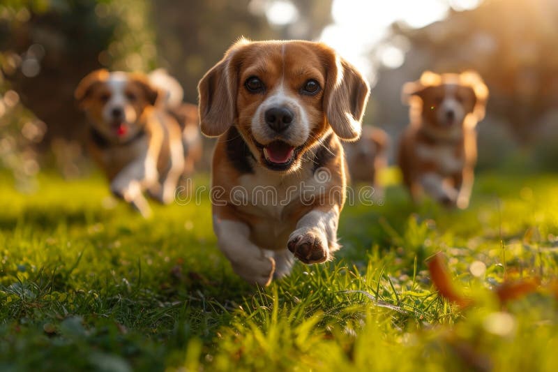 Running Beagle Dogs Run on the Green Grass in Summer Stock Photo ...