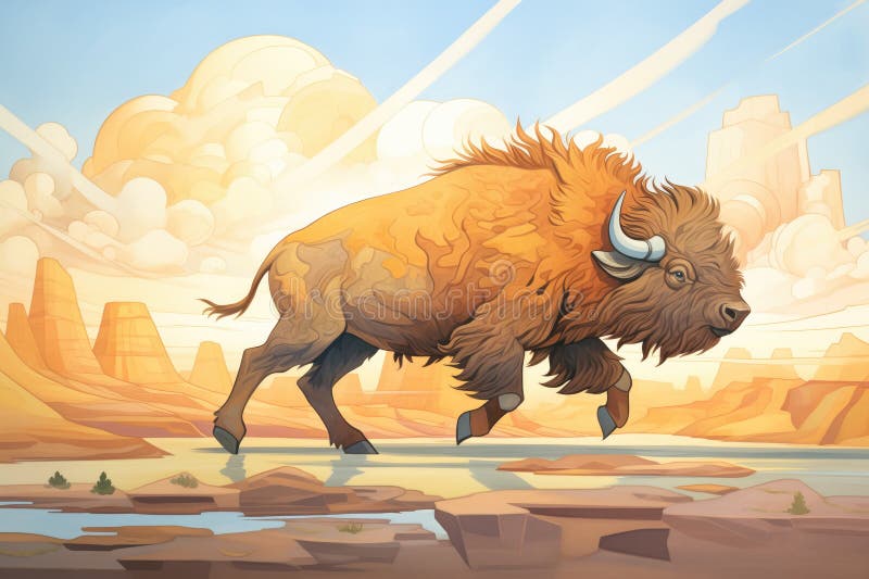 A Running Bison Casting Long Shadows in the Evening Stock Photo - Image ...