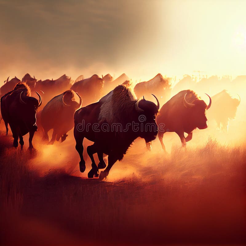 Running bison herd. stock illustration. Illustration of generative ...