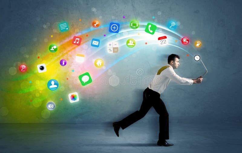 Running Businessman with Application Icons from Device Stock Image ...