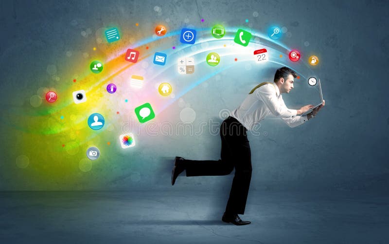 Running Businessman with Application Icons from Device Stock Image ...