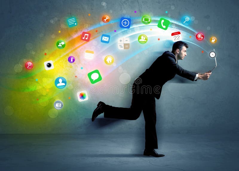 Running Businessman with Application Icons from Device Stock Image ...