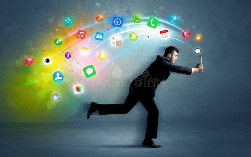 Running Businessman with Application Icons from Device Stock Photo ...