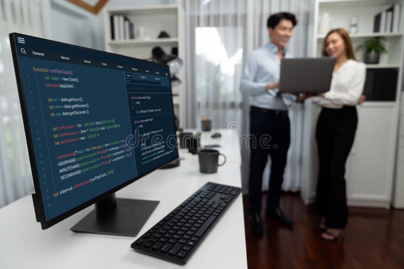 Running Coding Screen with Blurry it Developers Standing with Laptop ...