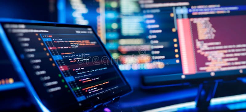 Running Computer Data Programming Coding Script Text On Screen Notebook Closeup Photo Stock