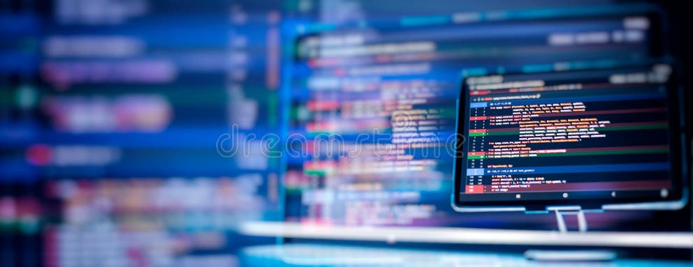 Running Computer Data Programming Coding Script Text On Screen Notebook Closeup Photo Stock