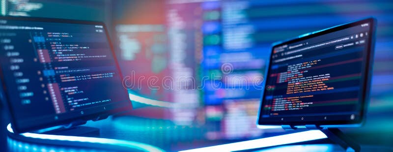Running Computer Data Programming Coding Script Text On Screen Notebook Closeup Photo Stock