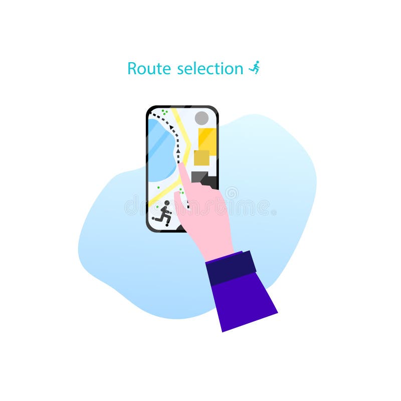 Running Concept in Flat Style. Man Makes a Route for Running Using the ...