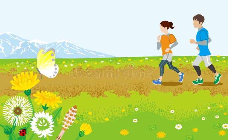 Running Couple in Spring Road Stock Vector - Illustration of flower ...