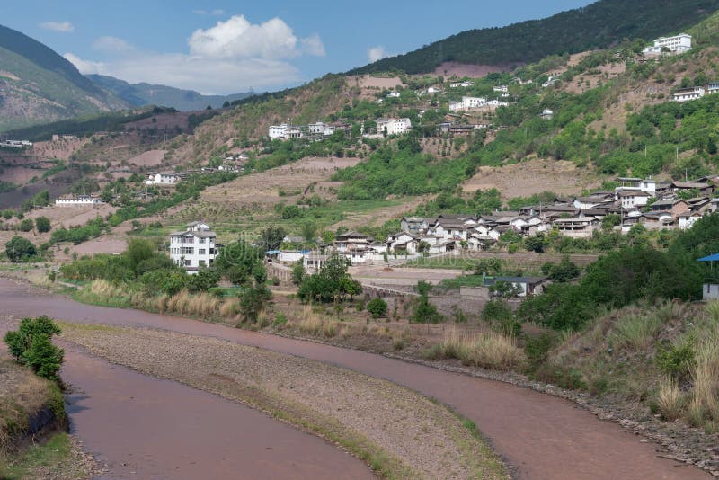 Running Dry River and Mountain Village Stock Image - Image of nature ...