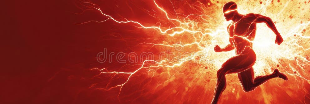 Running Figure Surrounded by Stylized Lightning on a Dynamic Red ...